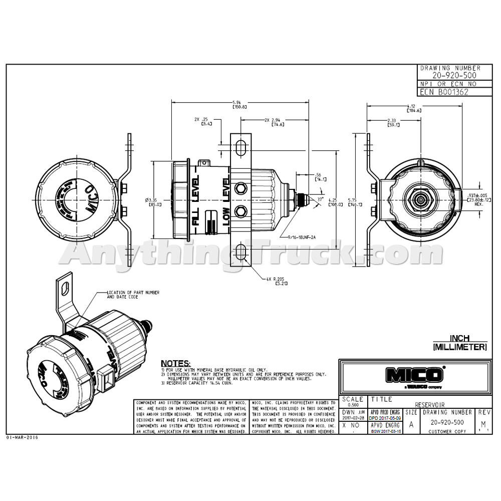 Mico 20-920-500 Polyallomer Reservoir, Hyd Oil, 9/16"-18UNF Fitting ...